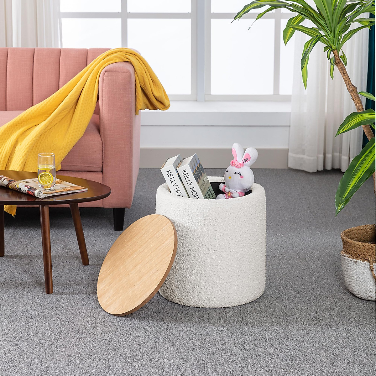 ONEVOG Beige Storage Ottoman with Wooden Lid, Tufted Boucle Fabric, Round Side Table Pouf, Small Vanity Seat Stool, Storage Footstool Chair for Living Room, Bedroom