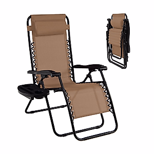 renatone Folding Zero Gravity Reclining Textilene Lounge Chairs, Outdoor Adjustable Patio w/Pillows & Cup Holder Trays for Backyard, Beach, Poolside (BE)