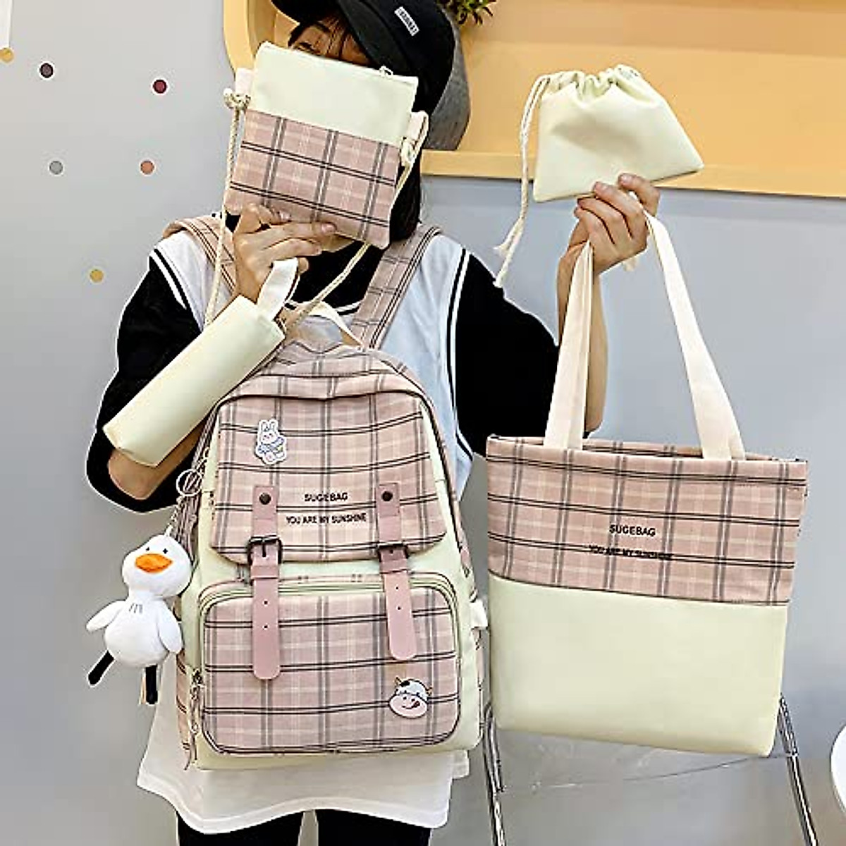 DAHUOJI 5Pcs Kawaii Backpack Set with Badge & Duck Pendant,Japanese Aesthetic Check Bookbag for Girls Cute Plaid School Bags Comes with Tote Bag,Shoulder Bag,Pencil Box,Small Bag(Pink,16in)