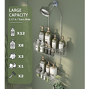 WXCGX Hanging Shower Caddy Over Shower Head Organizer: Height Adjustable Large Bathroom Storage Shelf with Soap Holder - Stainless Rustproof Shower Rack Basket with Hooks for Sponge Razor - Silver