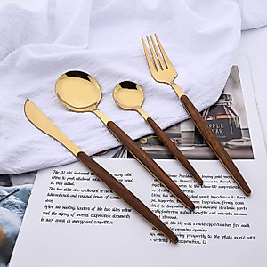 Uniturcky 24-Piece Silverware Set for 6, Silver Mirror Polished Stainless Steel Flatware Set, Wooden Effect Handle Utensil Set for Home Hotel Restaurant, Family Cutlery Set Include Knife Fork Spoon