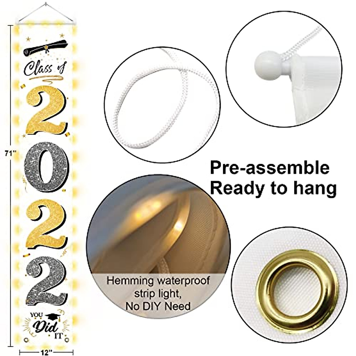 Honkdecor Graduation Decorations Banners with String Light -Class of 2022 White
