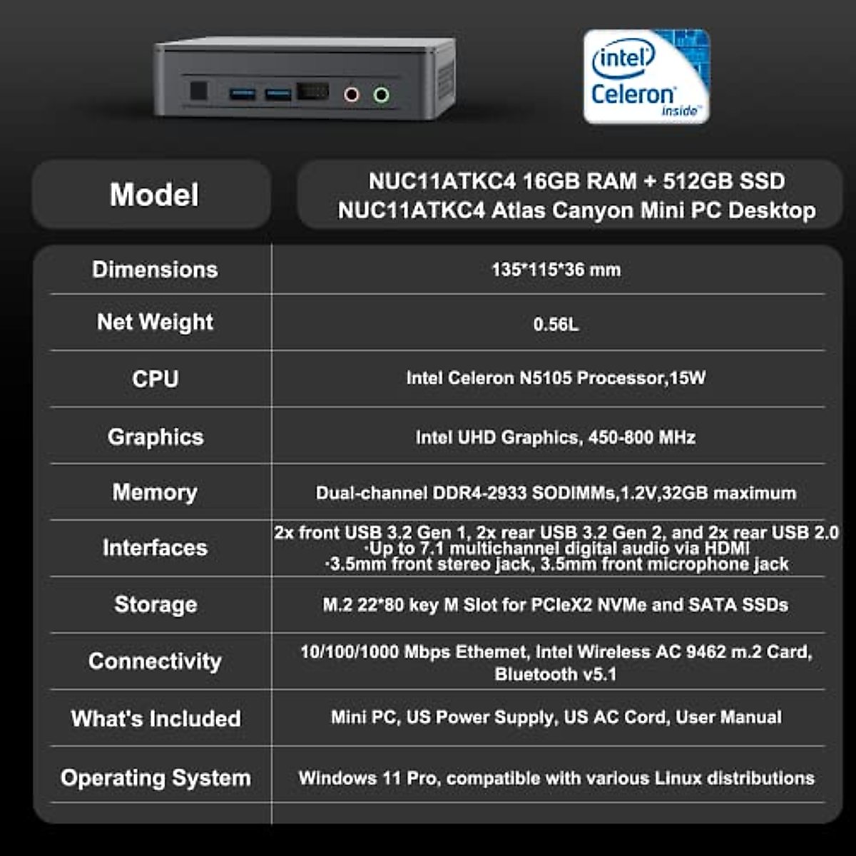 Intel NUC 11, NUC11ATKC4 Mini PC 16GB DDR4 RAM & 512GB SSD Versatile Computers with Intel Celeron N5105 Processor, Support HDMI Dual 4K UHD/Bluetooth v5.2/Windows 11 Pro preinstalled