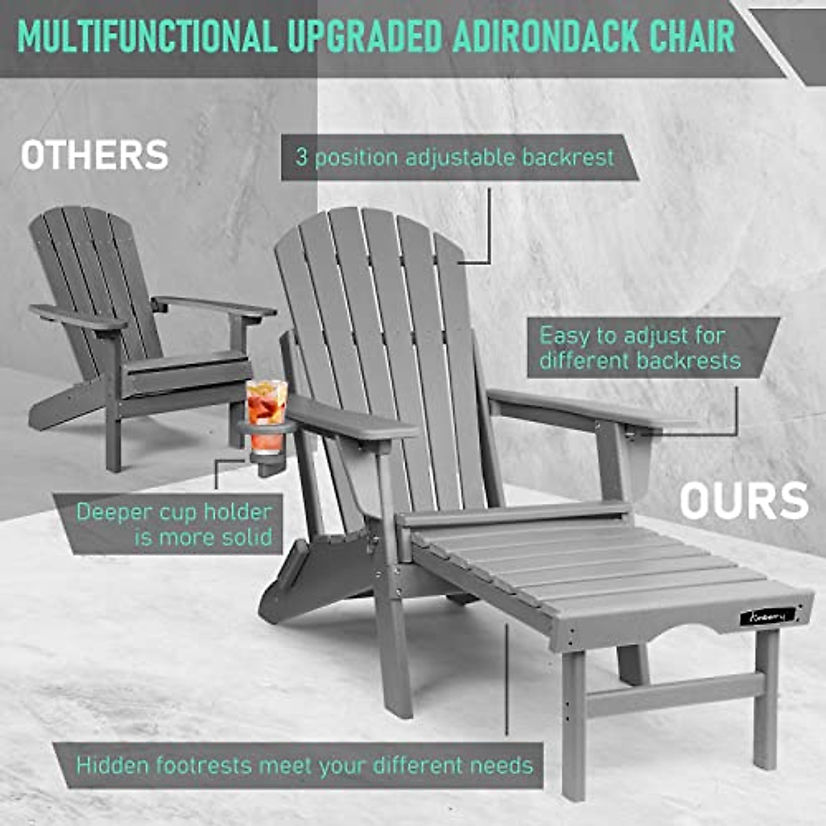 Adjustable Backrest Adirondack Chair,Folding Adirondack Chairs,Plastic Adirondack Chairs with Ottoman,Weather Resistant Adirondack Chair, Fire Pit Chairs with Cup Holder,Resin Adirondack Chairs