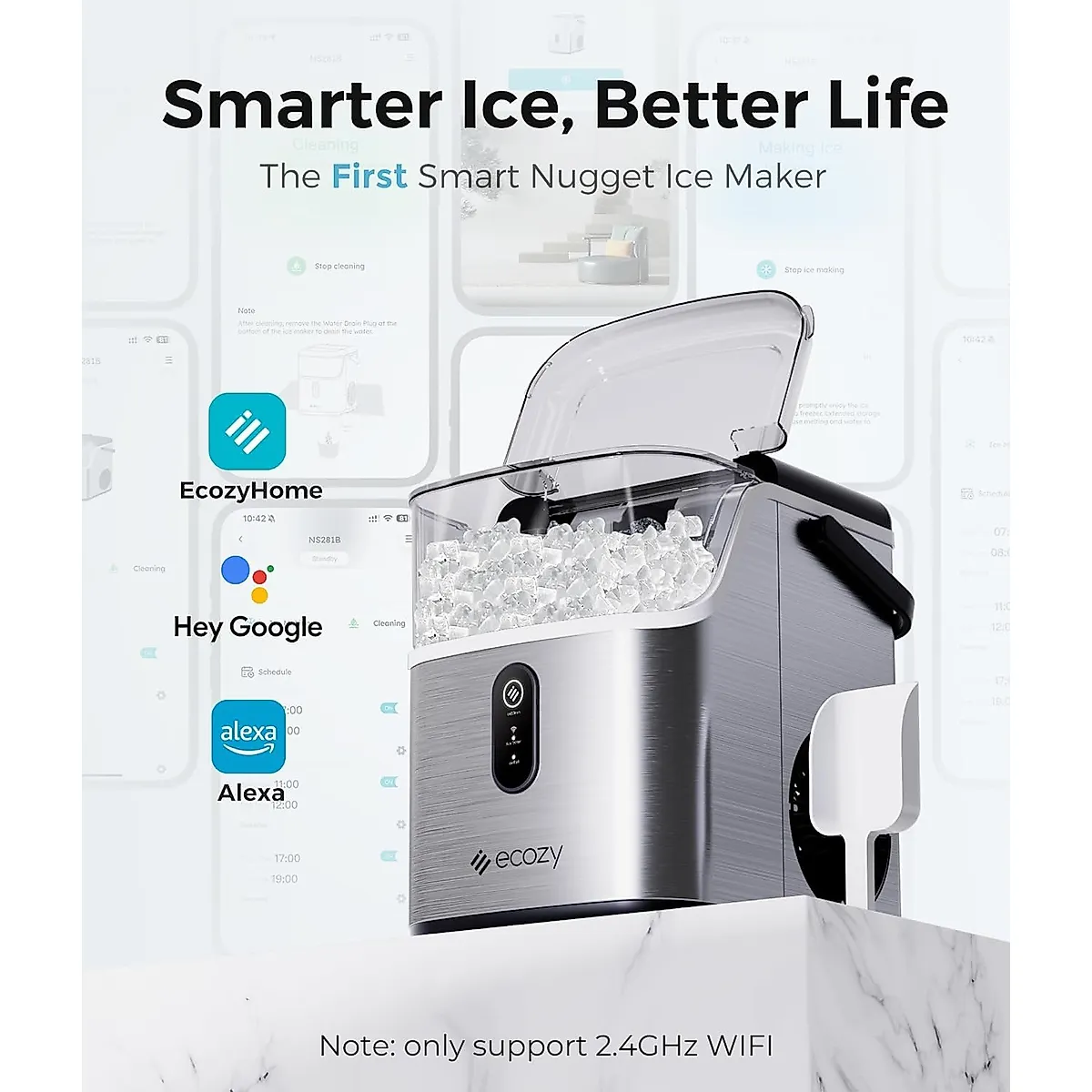 ecozy Smart Nugget Ice Maker Countertop, Pebble Ice Maker with 35lbs/24H Soft Chewable Ice, Self-Cleaning Ice Machine with Voice Control for Home Kitchen Party Bar Office, Stainless Steel