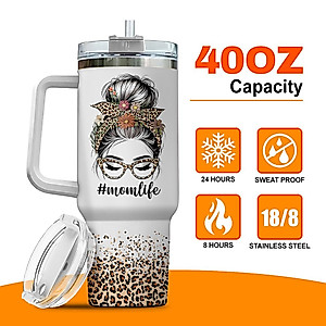 99WHALE Mom Bruh Messy Bun Leopard, Tumbler 40 Oz With Handle Lid And Straw, Mom Gifts, Mommy Straws Cup Mothers Life To Women Momma Funny Be For Handle Daisy Insulated Modern Coffee