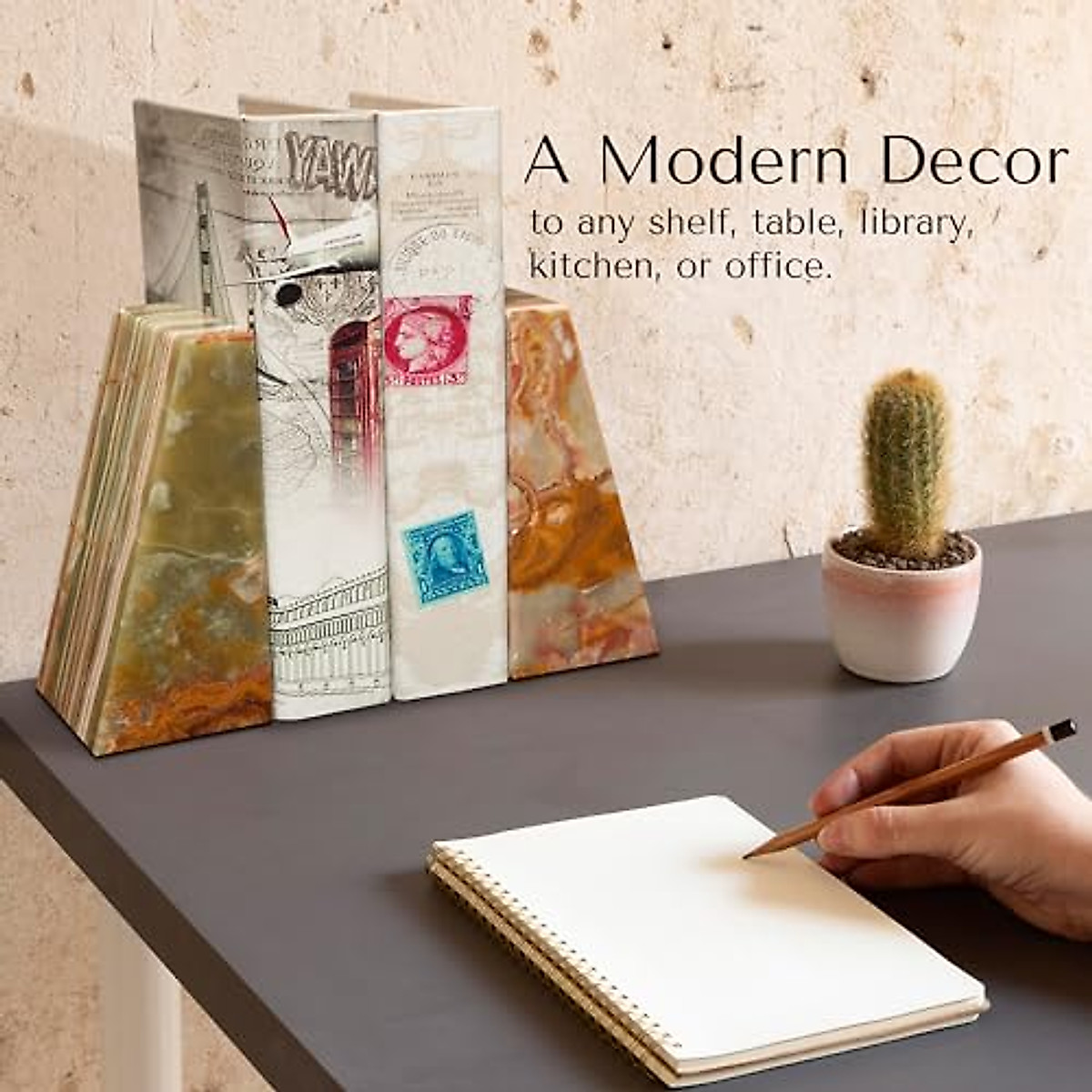 Modern Wedge Marble Bookends – Hand Carved, Polished Stone Bookends w/Non-Slip Rubber Pads – Lightweight & Compact Decorative Bookends (Whirl Green Onyx)