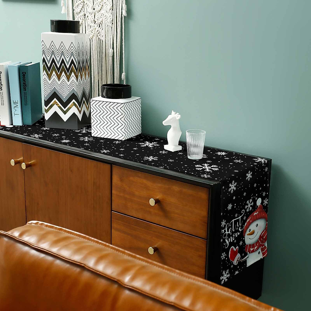 Black Snowman Christmas Table Runner 60 Inches Long, Xmas Winter Snowflake Farmhouse Dress Scarves, Classic Black Dining Tablerunner for Coffee Table/Kitchen Island/Party Christmas Décor, 13" x 60"