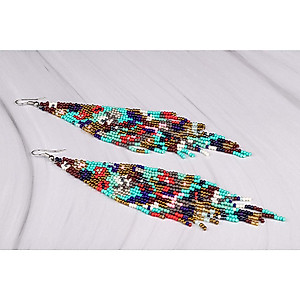 Luluping Long Beaded Dangle Earrings – Boho Native Handmade Seed Bead Tassel Earrings for Women, Bohemian Large Statement Beaded Drop Fringe Earrings (Colorful Beaded Earrings D)