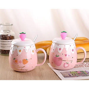 WHJY Pink Female Coffee Cup Mug, Strawberry Korean Lovely Student Ceramic Breakfast Cup with Lid and Spoon – 450ml/15oz, Pink D
