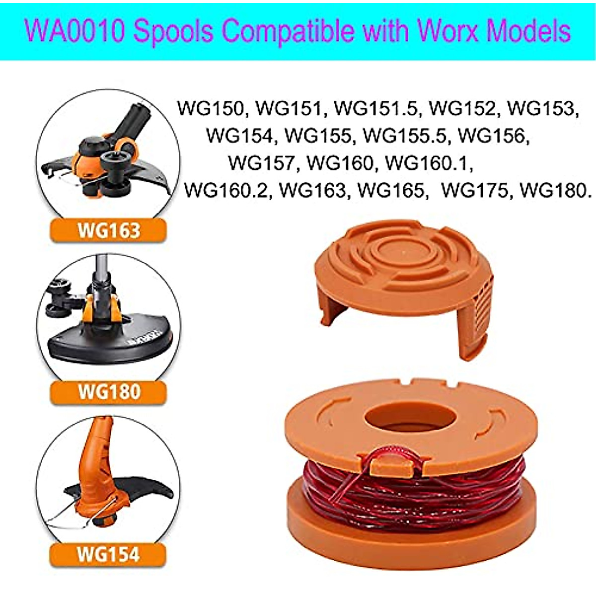 KAKO Replacement Spool for Worx Weed Eater String,10ft 0.065" Trimmer Spool Line for Worx WA0010 WA0004 WG151 WG155 WG163 WG170 WG175 WG180 Weed Wacker String(12 Spools+2Caps)