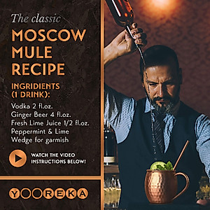 Yooreka Gift Set Moscow Mule Mugs Set Of 4 16 oz Solid Cooper, 100% Pure Copper Cups Cylindrical Shape HANDCRAFTED,BONUS 4 Straws, 4 Wood Coasters, Stirring Spoon, Cleaning brush (Oval)