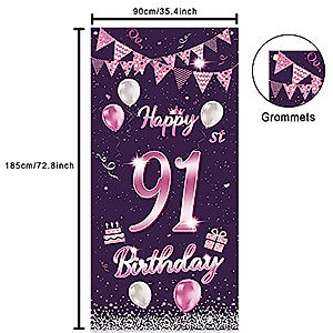 Happy 91st Birthday Sweet Purple Rose Banner Backdrop Balloons Confetti Cheers to 91 Years Old Bday Theme Decorations Decor for Door Cover Porch Women Men 91st Birthday Party Supplies Background