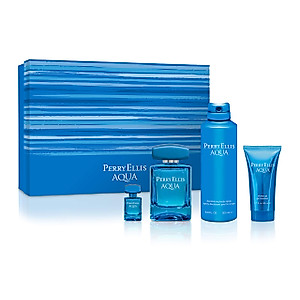 Perry Ellis Perry Ellis Aqua Men 3.4oz EDT Spray, 0.25oz EDT Spray, 6.8oz Deodorizing Body Spray, 1.7oz Shower Gel 4 Pc Gift Set