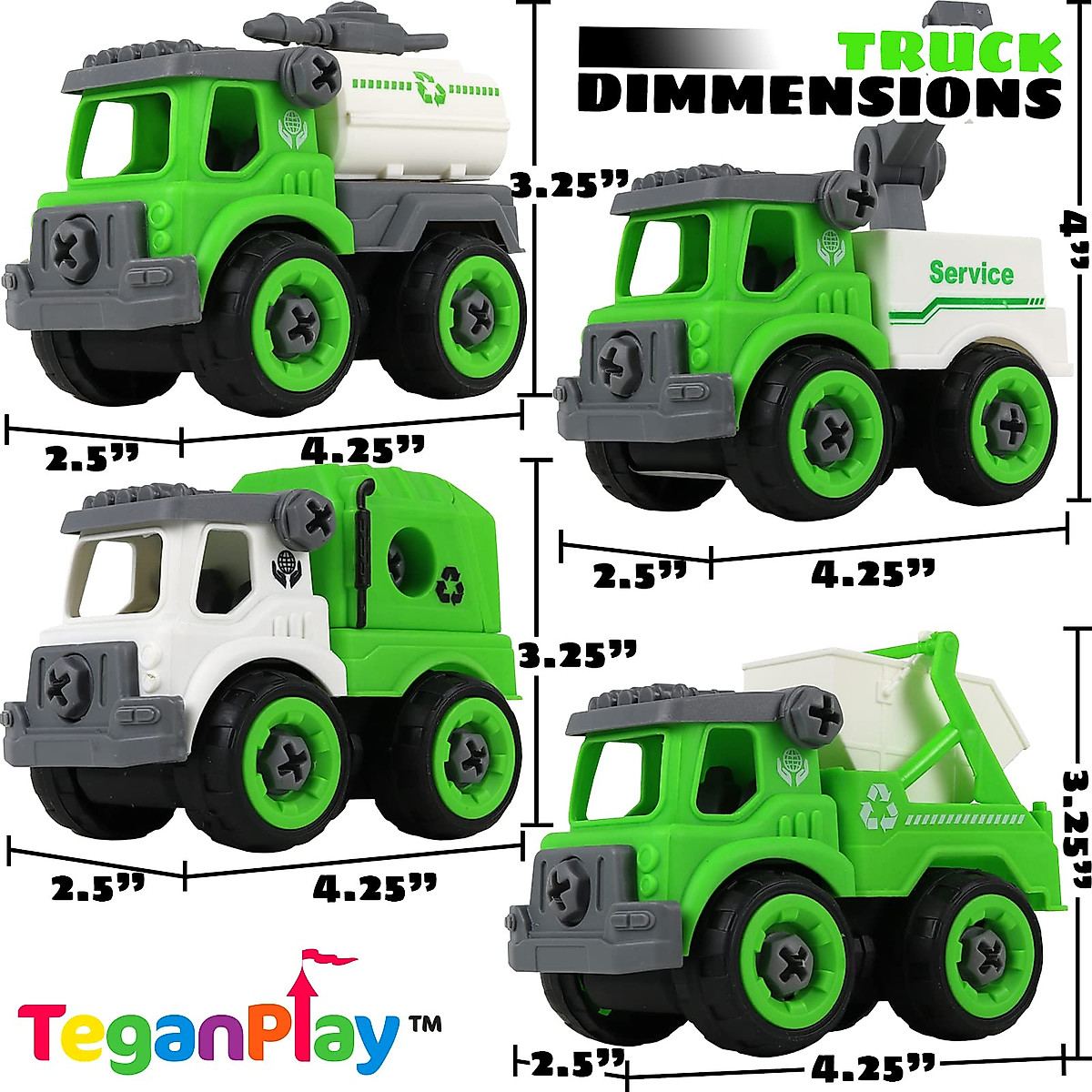 TeganPlay Take Apart Toys for 3 Year Old Boys | 4 Trucks Garbage - Sanitation Series with Screwdriver | Toddler Stem Kids Building Toy