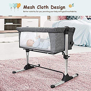 BABY JOY Baby Bedside Crib, Portable Travel Sleeper Bed Side Bassinet w/Carrying Bag, Newborn Bassinet to Infant, Kids Crib with Detachable Mattress, Height & Angle Adjustable, Breathable Mesh, Grey