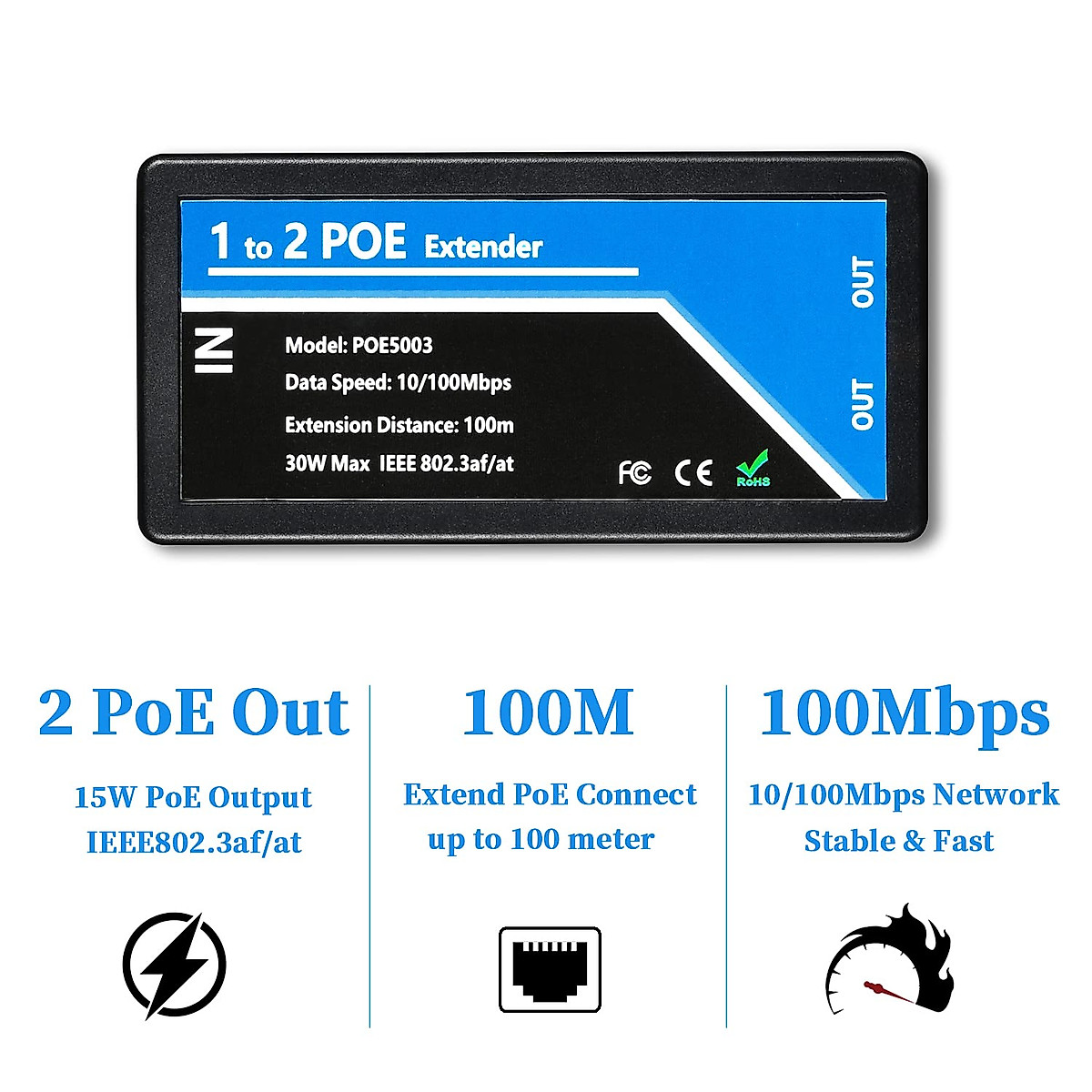 Revotech 2 Port POE Extender POE+ Repeater 100 Meters(328 ft) Extender 1 in 2 Out Comply IEEE 802.3af/at Standard 10,100Mbps for Security POE Camera Over Cat5/Cat6 or UTP Cables(POE5003)