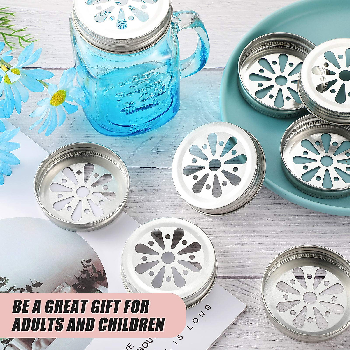 16 Pcs Daisy Mason Can Jar Lids Regular Mouth Jar with Lids Flower Canning Lids for Mason Canning Regular Jar Split-Type Canning Lids Rustproof Daisy Cut with Straw Hole for Mason, Ball, Canning Jar