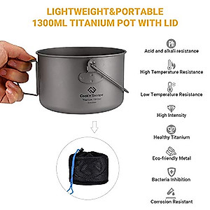 COOK'N'ESCAPE 1300ML Titanium Hanging Pot with Lid Cookware Pot with Collapsible Foldable Bail Handle Outdoor Camping Drinking Cup Backpacking Hiking Campfire, Grey