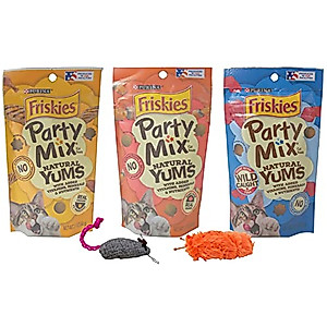 Friskies Party Mix Naturals Treats for Cats 3 Flavor Variety Bundle with 2 Toys, (1) Each: Chicken, Salmon, Tuna (2.1 Ounces)