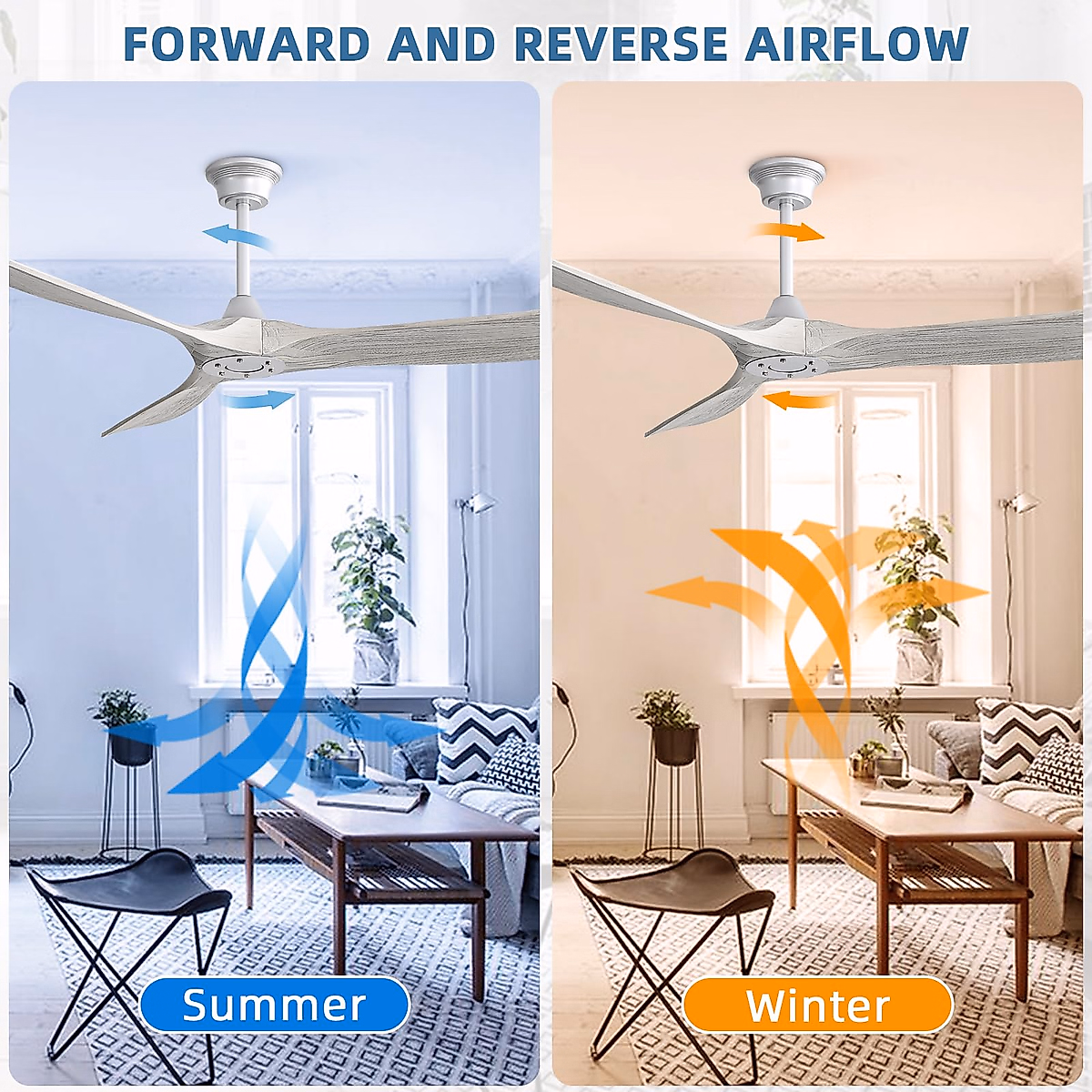 CACI Mall 60" Ceiling Fan no Light, Outdoor Ceiling Fans for Patios Without Lights, Remote Control, Solid Wood 3 Blades, Quiet, Indoor Ceiling Fan for Living Room, Patio, Bedroom, Porch, Farmhouse