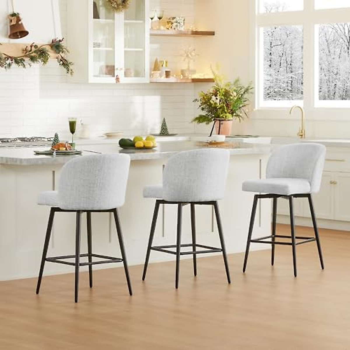 Watson & Whitely Counter Height Bar Stools Set of 2, 360° Swivel Upholstered Barstools with Backs and Metal Legs, 26" H Seat Height, Fabric in White (Multi-Colored)