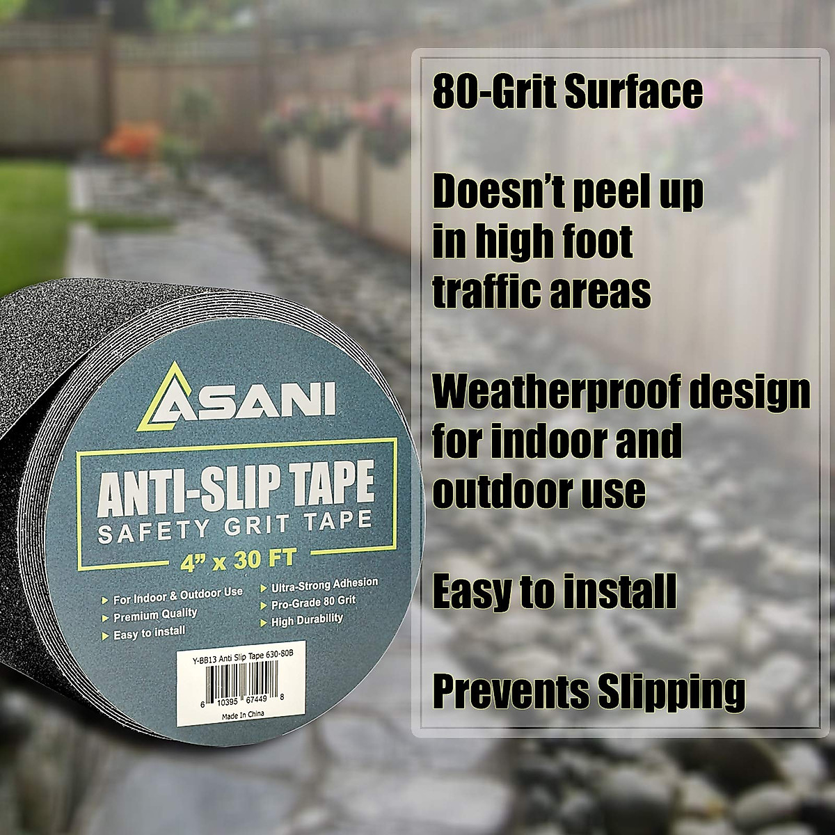 Anti-Slip Grip Tape Roll (4 Inch x 30 Foot) | Anti-Skid Tape with High Traction 80 Grit | Weatherproof Tread for Indoors & Outdoors | Non-Slip Safety Grippy Pad for Stairs, Steps, Deck, Ladder & More