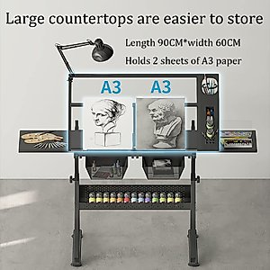 EESHHA Drawing Table Drafting Table Art/Adjustable Glass Drawing Table with 2 Drawers, Art Desk Art Table with Storage, Student Desk Study Desk for Drawing, Painting, Writing and Studying