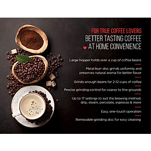 Chefman Coffee Grinder Electric Burr Mill - Freshly Grinds Up to 2.8oz Beans, Large Hopper with 17 Grinding Options for 2-12 Cups, Easy One Touch Operation, Cleaning Brush Included, Black