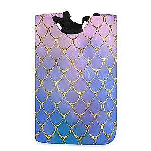 DOMIKING Laundry Storage Basket Collapsible Organizer - Colorful Mermaid Fish Scales Laundry Hamper for Kids Room Dirty Cloth Toy Dorm Bag