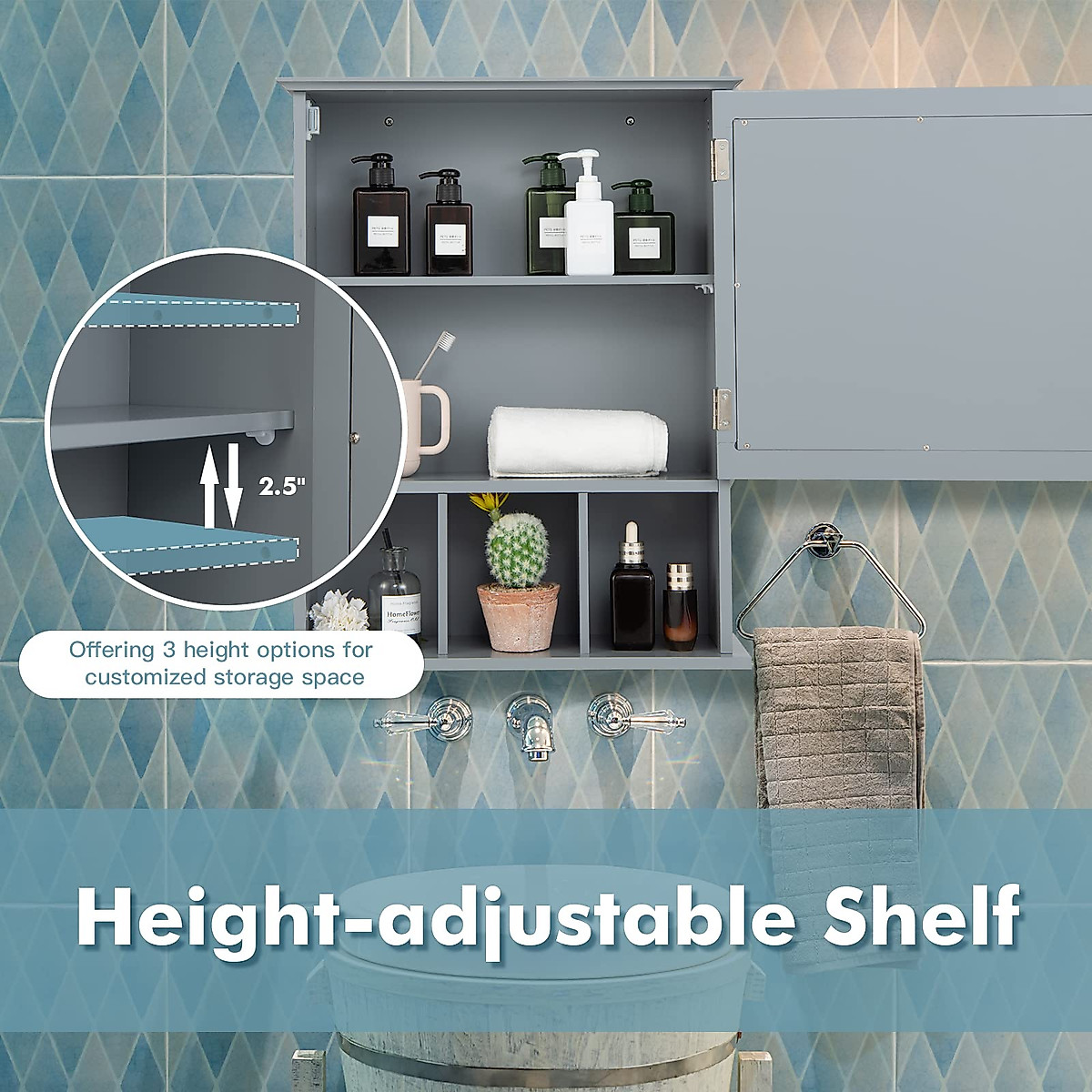 Tangkula Wall-Mounted Bathroom Cabinet, 2-in-1 Storage Organizer with Mirror Door, Wall-Mounted Medicine Cabinet with Adjustable Shelf & 3 Open Compartments for Bathroom, Living Room, Entryway