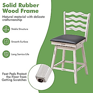 COSTWAY Bar Stools Set of 2, 25” 360° Swivel Counter Height Chairs with Rubber Wood Frame, Cushioned Seat, Ergonomic Backrest & Footrest, Wooden Upholstered Barstools for Kitchen Island (2, 25”)