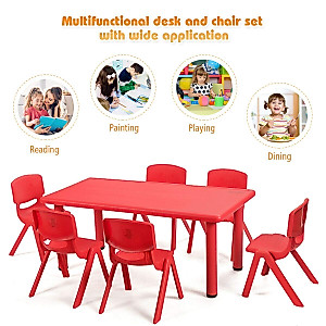 Costzon Kids Table and Chair Set, 6 Pcs Stackable Chairs, 47 x 23.5 Inch Rectangular Plastic Activity Table Set for Children Reading Drawing Playing Snack Time, Toddler School Furniture (Red)