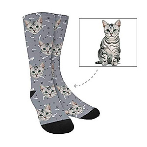 Custom Print Your Photo Funny Pet Face Socks, Personalized Fish Bones, Cat and Dog Tracks Paws Gray Crew Socks with Pictures for Men Women