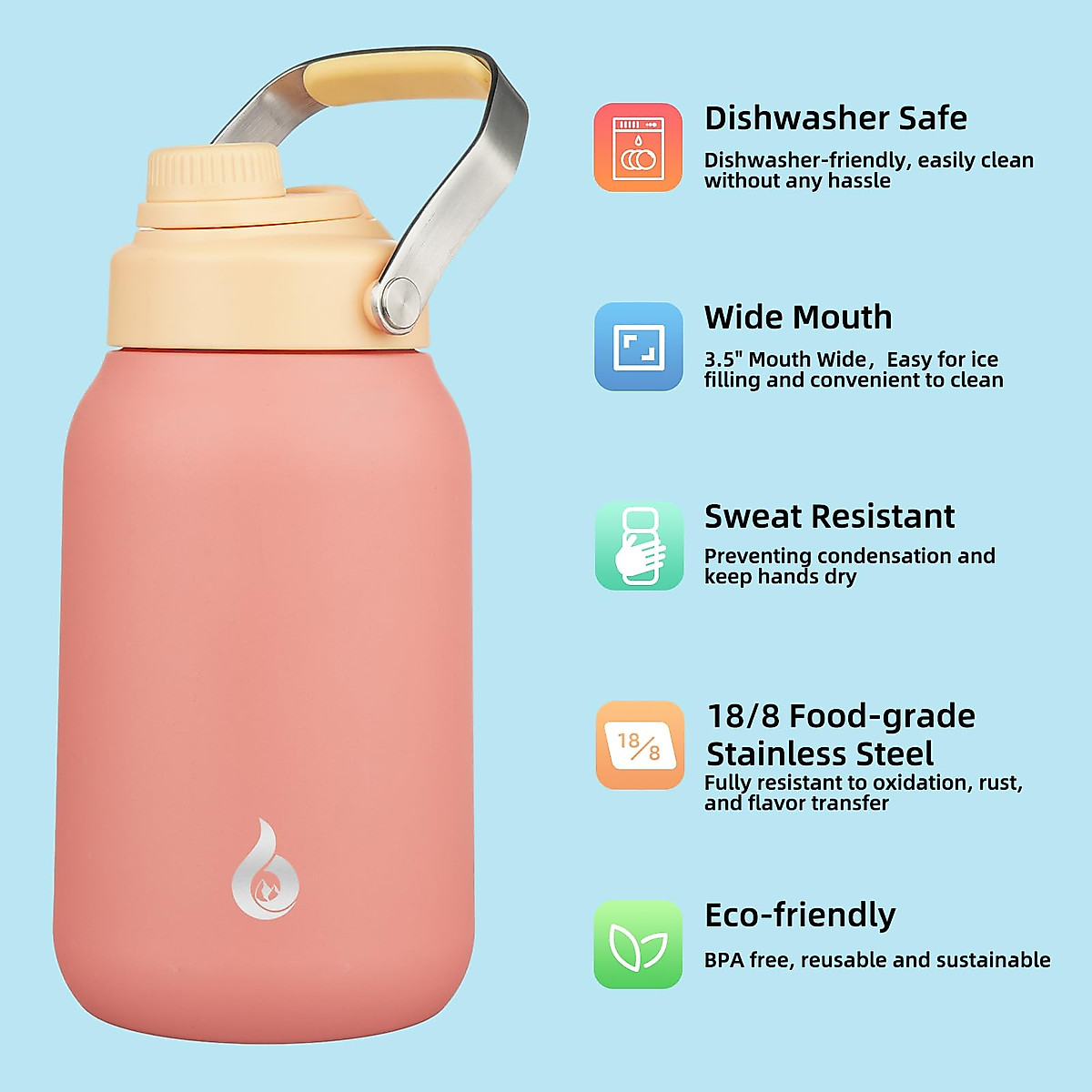 BJPKPK Half Gallon Insulated Water Bottles, 64oz Water Jug with Metal Handle & BPA Free Spout Lid, Dishwasher Safe Thermos, Large Stainless Steel Gym Sport Jugs, Pink