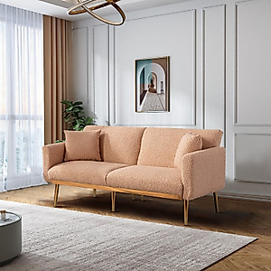 Convertible Futon Sofa Bed, Upholstered Loveseat Sleeper Couch with 3 Reclining Angles and 2 Pillows, Modern Living Room Sofa Couch with 5 Solid Metal Legs for Guest Room, Office, Camel Teddy