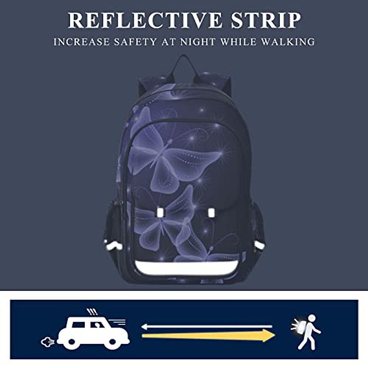 Glaphy Butterfly Blue Backpack School Bag Lightweight Laptop Backpack Student Travel Daypack with Reflective Stripes
