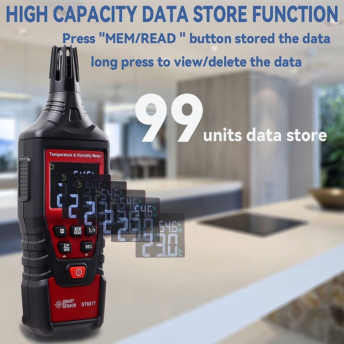 Lunarlipes ST6817 Thermometer Hygrometer, Digital Temperature Humidity Meter, Handheld Thermometer Hygrometer with Ambient, Dew Point, Wet Bulb for Outdoor and Indoor, Max/Min Hold, LCD Backlight