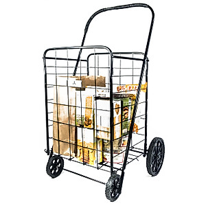 ATH Large Deluxe Rolling Utility / Shopping Cart - Stowable Folding Heavy Duty Cart with Rubber Wheels For Haul Laundry, Groceries, Toys, Sports Equipment, Black