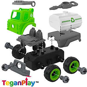 TeganPlay Take Apart Toys for 3 Year Old Boys | 4 Trucks Garbage - Sanitation Series with Screwdriver | Toddler Stem Kids Building Toy