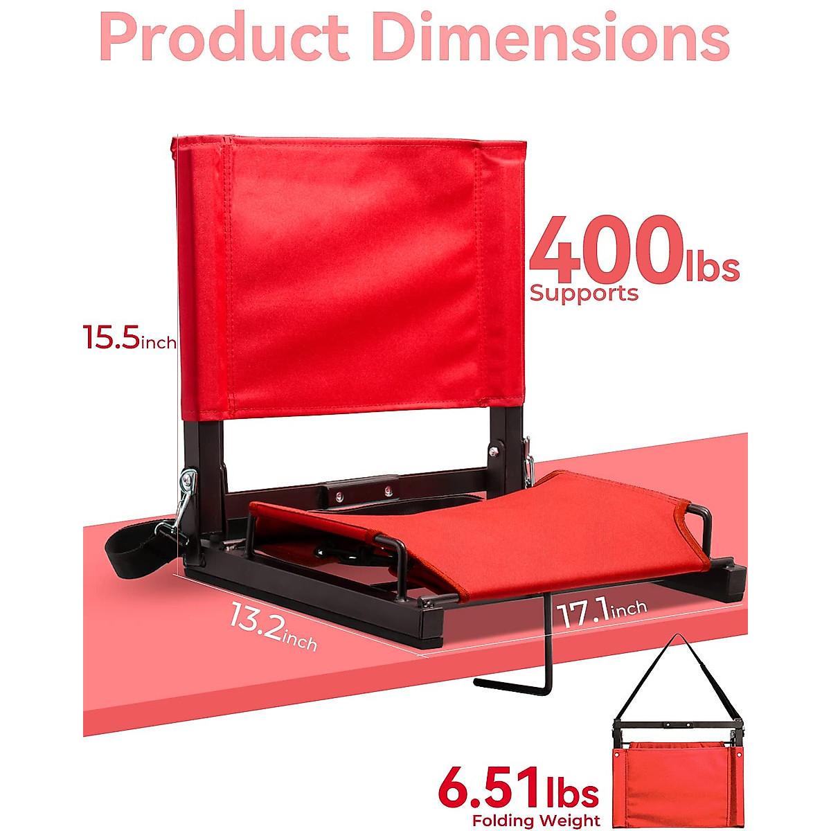 Ohuhu Stadium Seats with Back Support Bleacher Chairs with Backrest Portable Bleacher Seat with Shoulder Straps and Hook for Sports Events Baseball Soccer Kayak Boat, Red