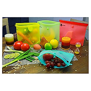 EBKORD Useful Set of 4 | 4 Reusable Eco Silicone Airtight Seal Storage Food Bags | 2 Multiuse Silicone Sponge for Kitchen or Bathroom | 2 Resistant Multi Surfaces 3M Stainless Steel Wall Hanger