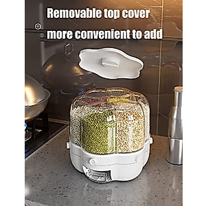 6-Grid Round Rice Dispenser 360° Rotating Food Bucket Transparent Rice Storage Container Rotatable Dry Food Fruit Cereal Storage Box Tank for Home Kitchen