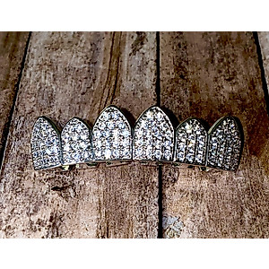 18K White Gold Plated CZ Cluster Custom Slugs Top Bottom Grillz Mouth Teeth Grills Set - Grillz, Teeth Cap, Iced Out Grillz (Silver Top & Bottom Set)
