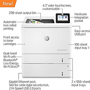 HP Color Laserjet Enterprise M555x Single-Function Wireless Laser Printer with 3 Paper Trays, White - Print only - 4.3" Touchscreen, 40 ppm, 1200 x 1200 dpi, Auto Duplex Printing, Cbmou Printer Cable