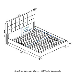 Furinno Laval Button Tufted Upholstered Platform Bed Frame, California King, Glacier