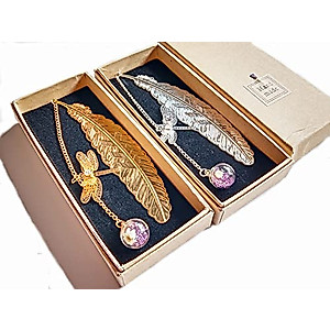 2pcs Vintage Metal Feather Bookmarks with Dragonfly Pendant,Student Reading Page Markers,Graduation Teacher Appreciation Thanksgiving Birthday Pretty Gift for Women Girl Kids Readers(Purple Diamond）