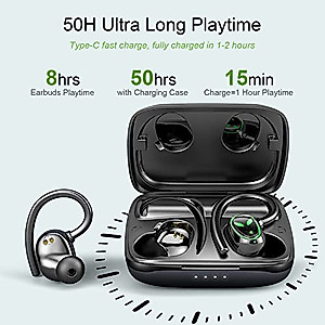 Wireless Earbud, True Bluetooth Headphones 50H Playtime, Deep Bass Bluetooth Earbud with Mic, Noise Cancelling Earphones with Earhooks, IP7 Waterproof in Ear Bluetooth Earphones for Sports/Gym, Black