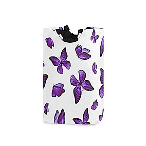 Qilmy Watercolor Purple Butterfly Laundry Hamper Large Waterproof with Handle Laundry Baskets Foldable Lightweight Durable Store Basket for Bathroom Bedroom