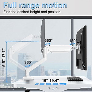 ErgoFocus Single Monitor Mount Arm Fits Monitor up to 32 Inch, Monitor Desk Mount Holds 4.4-19.8lbs Computer Screen, Full Motion Gas Spring Monitor Desk Mount, VESA Mount, White